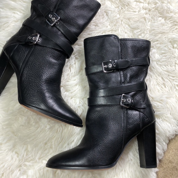 Coach | Shoes | Coach Alexandra Black Leather Mid Calf Buckled Heeled ...